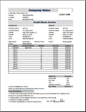 Credit Memo Invoice Excel Format | Excel Templates Download