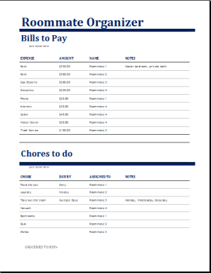 MS Excel Roommate Organizer Template | Excel Templates