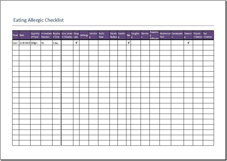 Eating Allergic Checklist Template for EXCEL | Download