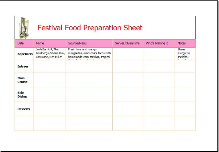 Festival Food Preparation Sheet Template | Download Sample