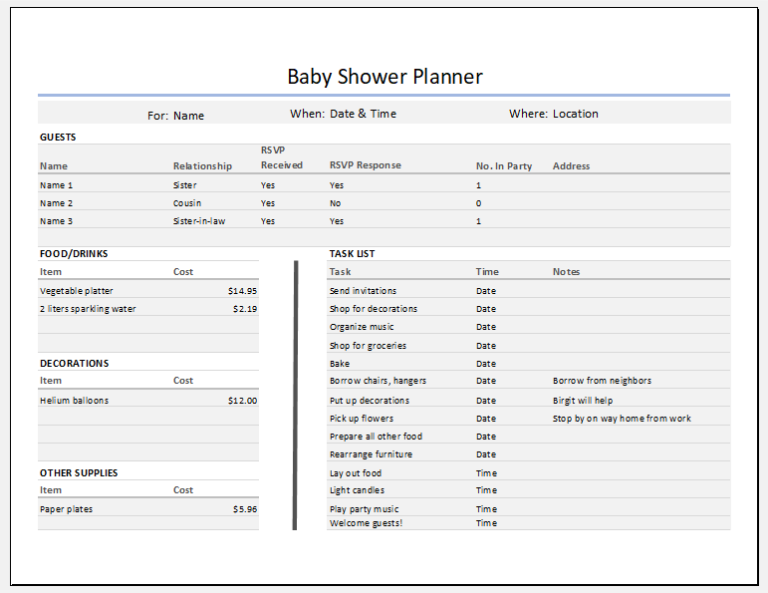 Baby Shower Guest Food & Task Planner | Excel Templates